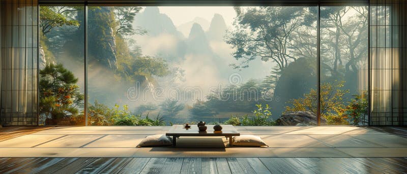 Zen Meditation Room with Tatami Mats a Low Table Stock Image - Image of ...