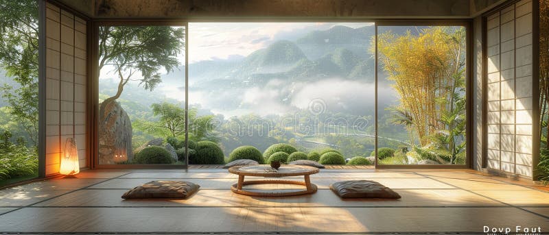 Zen Meditation Room with Tatami Mats a Low Table Stock Photo - Image of ...