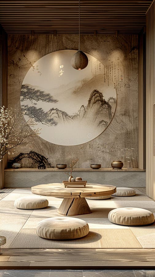 Zen Meditation Room with Tatami Mats a Low Table Stock Illustration ...