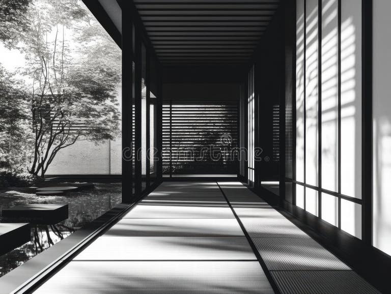 Zen Minimalism, a Tranquil Corridor in Black and White Stock Photo ...