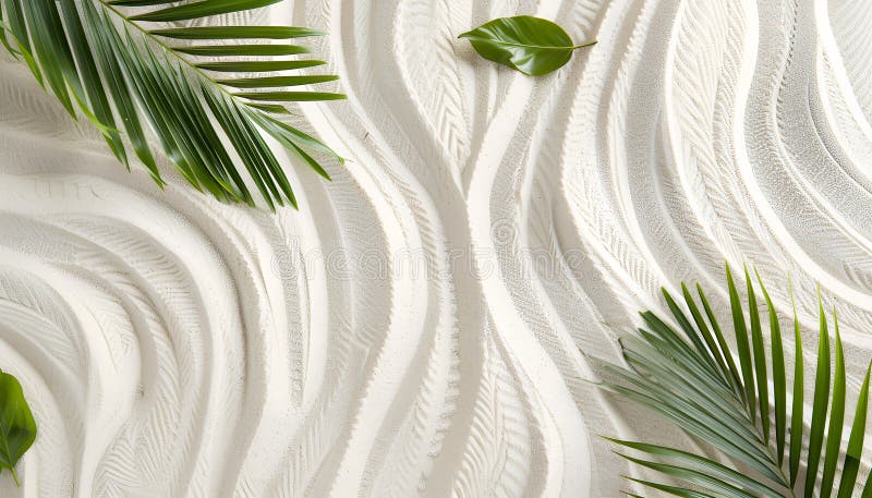 Zen Pattern in White Sand with Palm Leaves. Lines Drawing on Sand ...