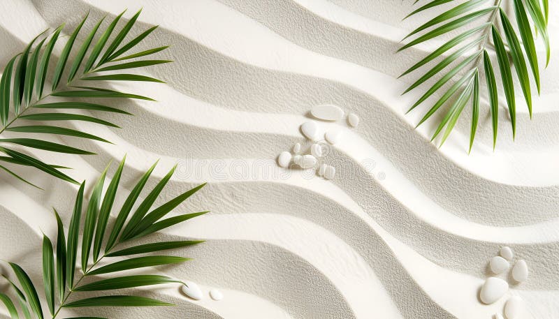 Zen Pattern in White Sand with Palm Leaves. Lines Drawing on Sand ...