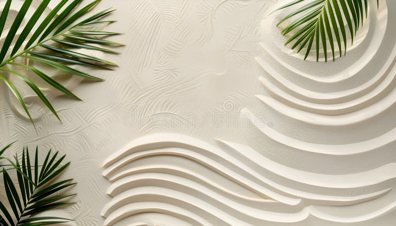 Zen Pattern in White Sand with Palm Leaves. Lines Drawing on Sand ...