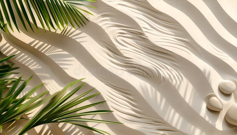 Zen Pattern in White Sand with Palm Leaves. Lines Drawing on Sand ...