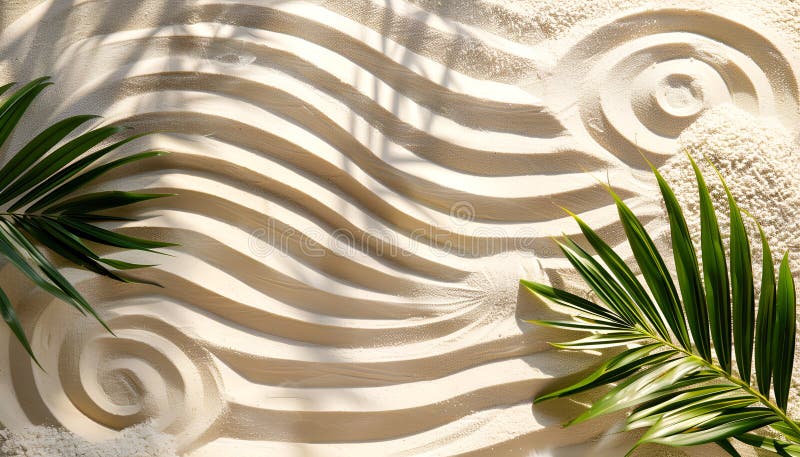 Zen Pattern in White Sand with Palm Leaves. Lines Drawing on Sand ...