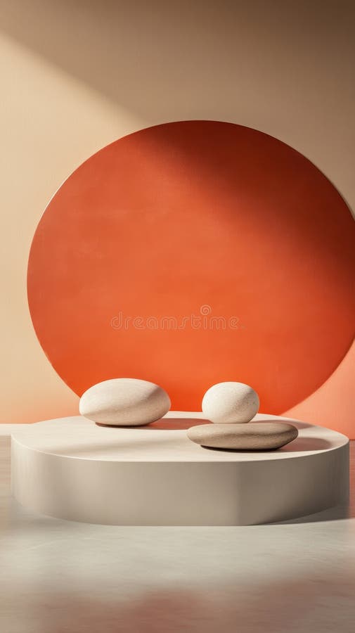 Zen Pebbles on Circular Platform with Orange Backdrop, Minimalistic ...
