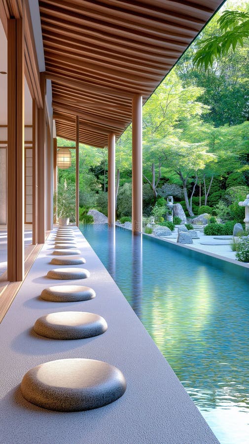 Zen Retreat by the Pool stock illustration. Illustration of roof ...