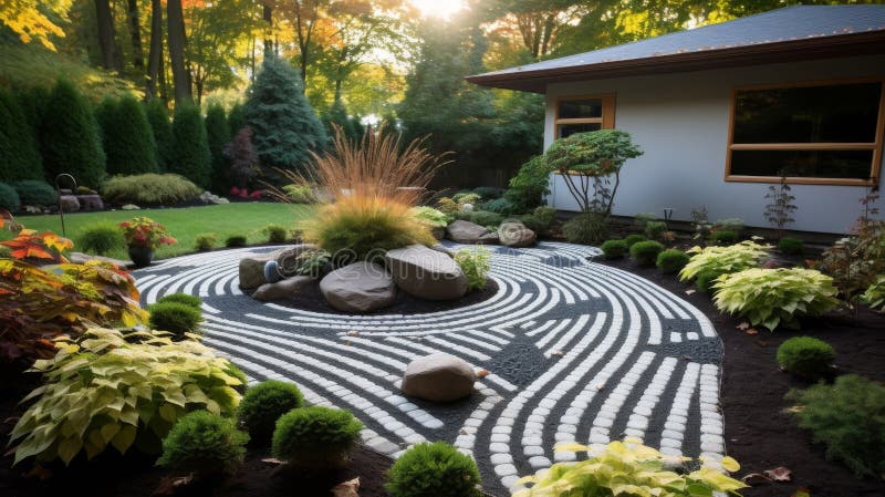 Zen Rock Garden with Raked Patterns in Backyard Stock Illustration ...
