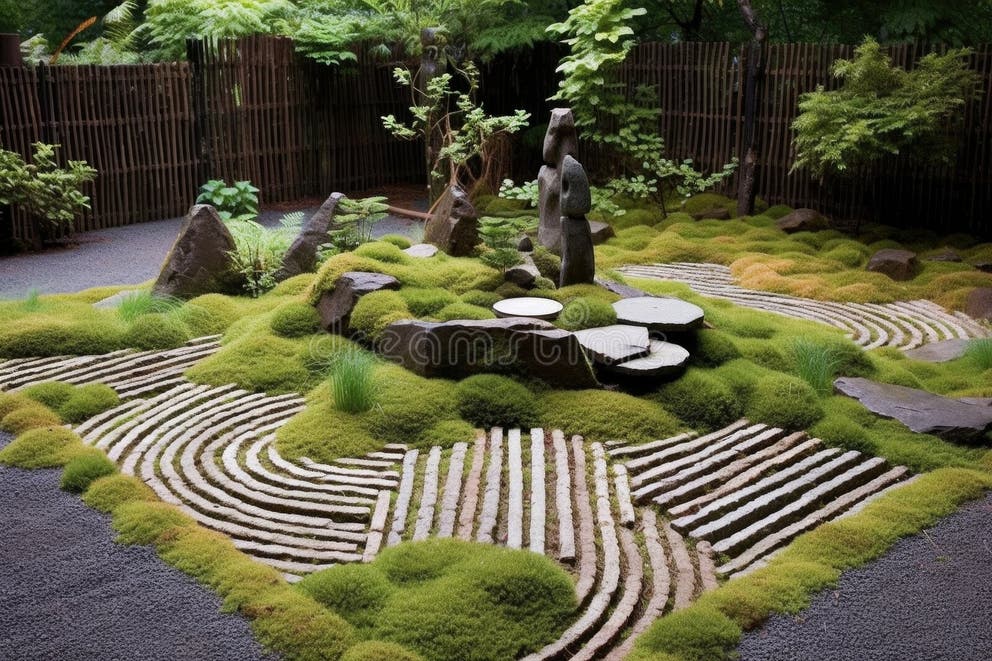 Zen Rock Garden with Raked Patterns and Moss Stock Illustration ...