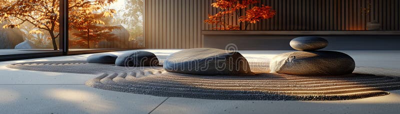 Zen Rock Garden with Raked Sand and Minimalistic Sculptures Stock Image ...