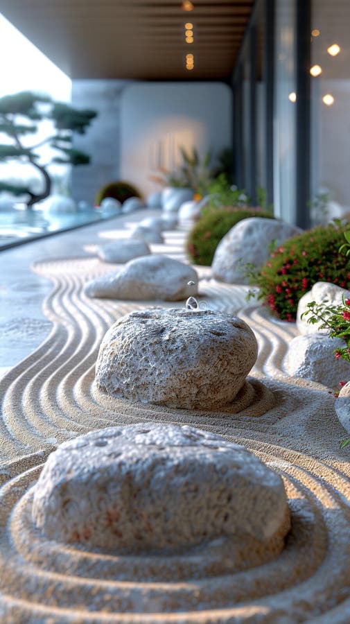 Zen Rock Garden with Raked Sand and Minimalistic Sculptures3D Render ...