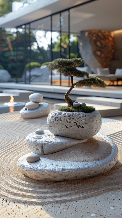 Zen Rock Garden with Raked Sand and Minimalistic Sculptures3D Render ...