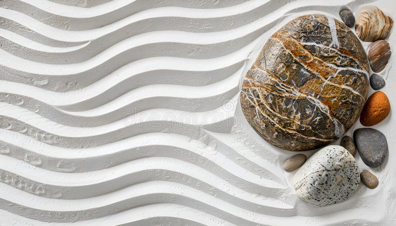 Zen Rock Garden. Wave Pattern on White Sand, Top View Stock Image ...
