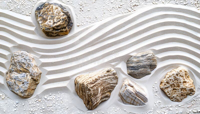 Zen Rock Garden. Wave Pattern on White Sand, Top View Stock Image ...