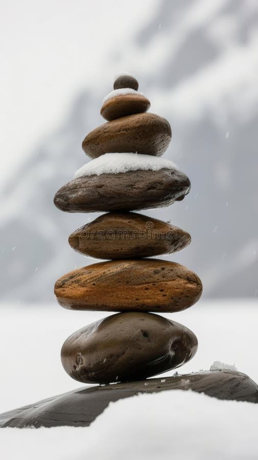 Zen Rock Stack Balancing Snowcapped Stock Illustration - Illustration ...