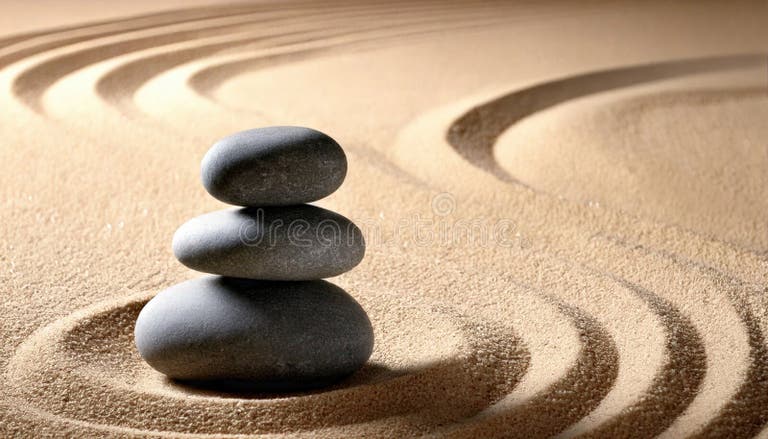 A Zen Rock Stack on Sand with Intricate Ripple Patterns. Stock Photo ...