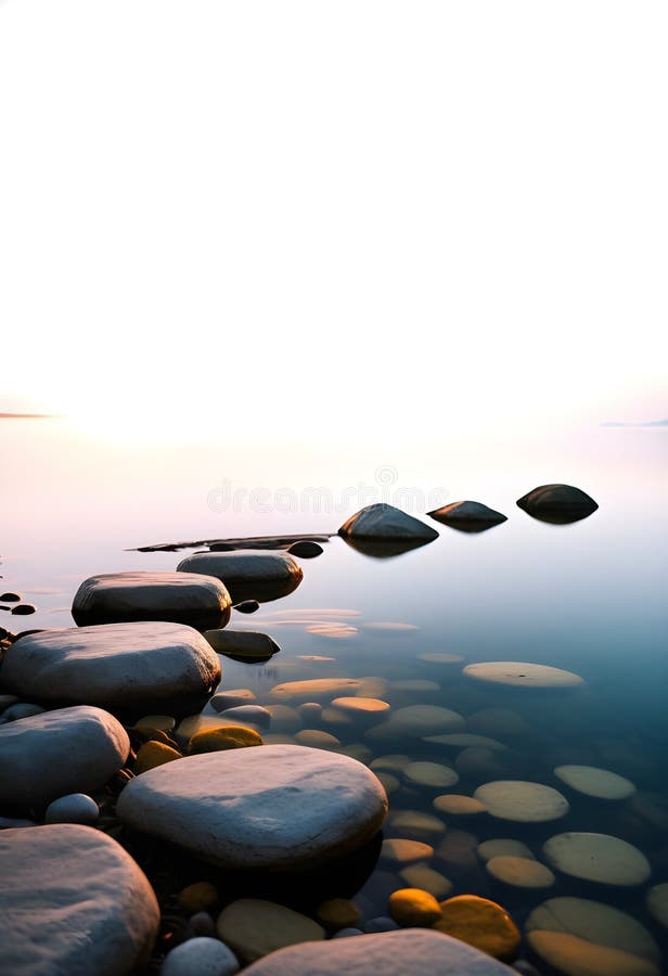 Zen Serenity: Minimalist Stone Path by the Lake in Soft Focus Long ...