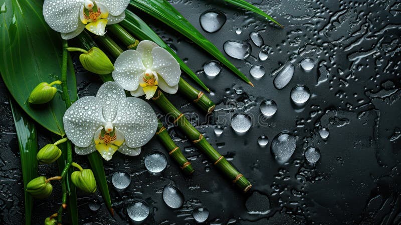 Zen Spa Background with Orchid and Bamboo Drops on Black Stock ...