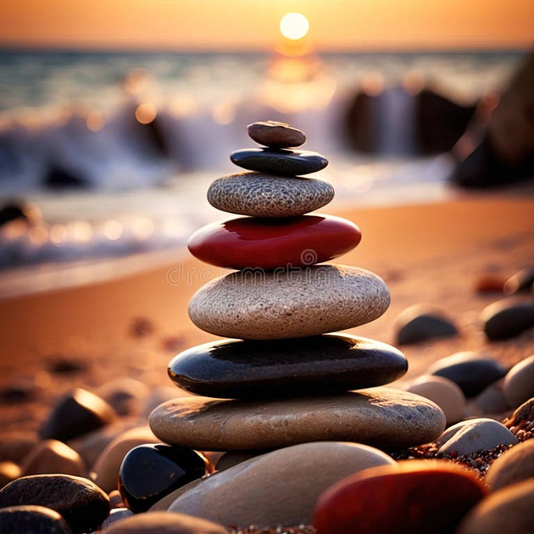 Zen Stack of Pebbles on the Beach, Indicating Balance and Harmony Stock Illustration ...