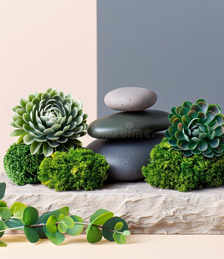 Zen Stone Arrangement with Green Plants and Moss Generated Using AI ...