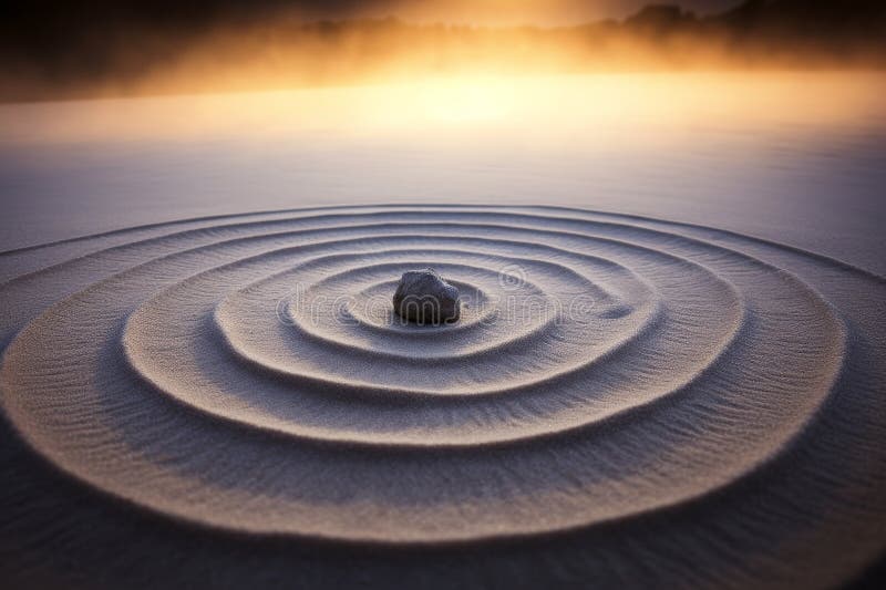 Zen Stone in Circular Sand Patterns at Sunrise Stock Illustration ...