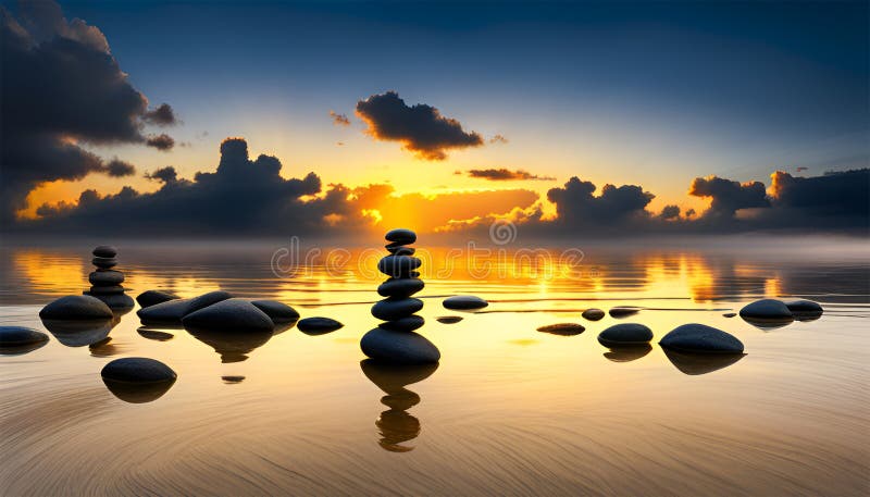 Zen Stone in Peaceful Landscape - Generative AI Stock Illustration ...