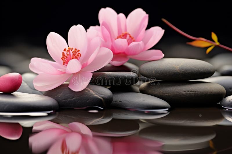Zen Stone with Pink Flower, Creating a Harmonious and Serene Scene ...