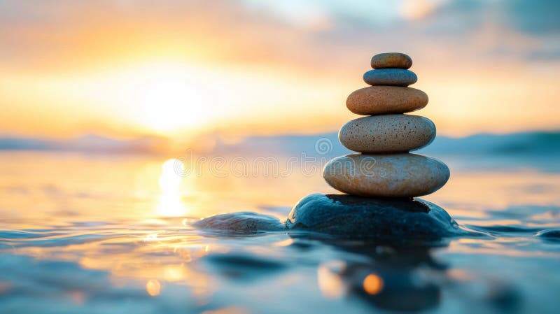 Zen Stone Stack Calm Ocean Waters Sunset Stock Photos - Free & Royalty ...