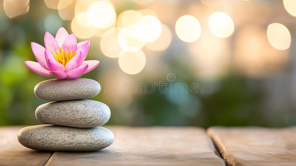 Zen Stone Stack with Lotus Flower and Soft Bokeh Background Stock Photo ...