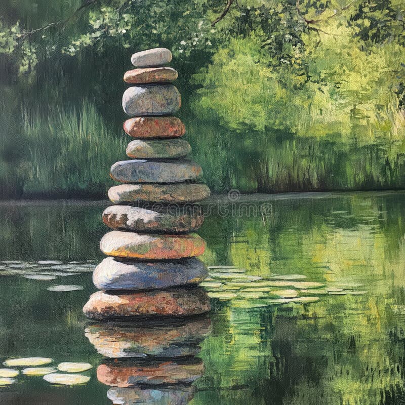 Zen Stone Stack by Peaceful Forest Pond in Summer Stock Photo - Image ...
