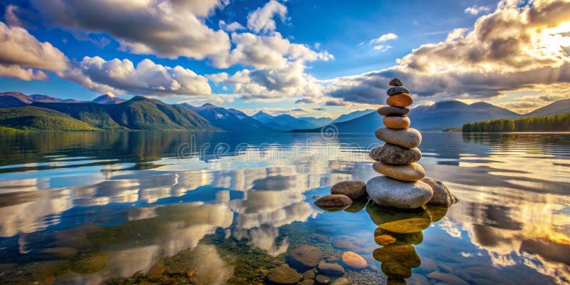 Zen Stone Stack Reflection in a Mountain Lake with Cloudy Sky - a ...