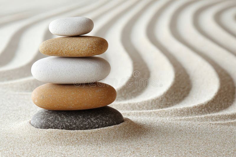 Zen Stone Stack on Sand with Wave Patterns, Balance, Spa Stock ...