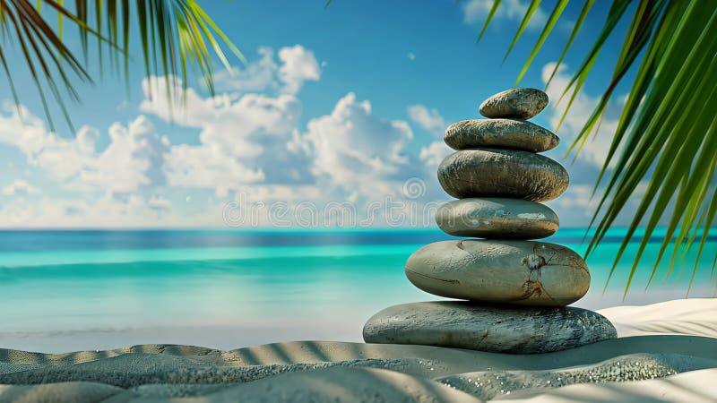 Zen Stone Stack on Tropical Beach Under Palm Leaves, Tranquil Scenery ...