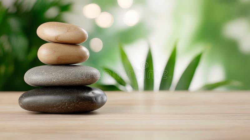 Zen Stone Stack on Wooden Table with Green Bokeh Background Stock Photo ...