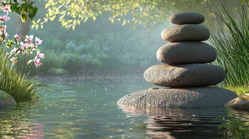 Zen Stone Tower Balanced by a Tranquil River, - Ai. Stock Illustration ...