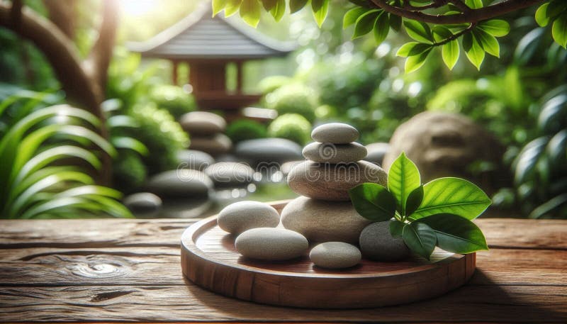 Zen Stones on Empty Wooden with Green Leaf in the Garden Stock ...