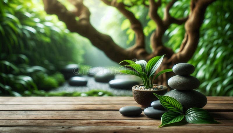 Zen Stones on Empty Wooden with Green Leaf in the Garden Stock ...