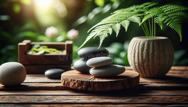Zen Stones on Empty Wooden with Green Leaf in the Garden Stock ...