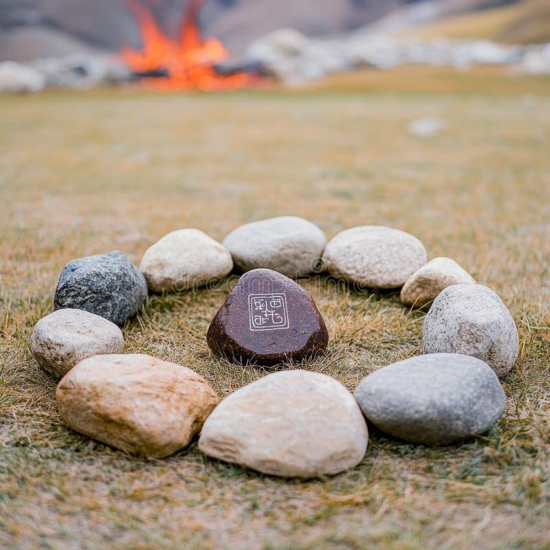 Zen Stones in a Field with a Fire in the Background Stock Illustration ...
