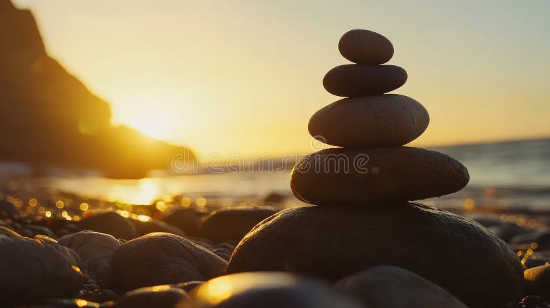 Stack of Smooth Grey Stones Balancing on Beach at Sunset Representing ...
