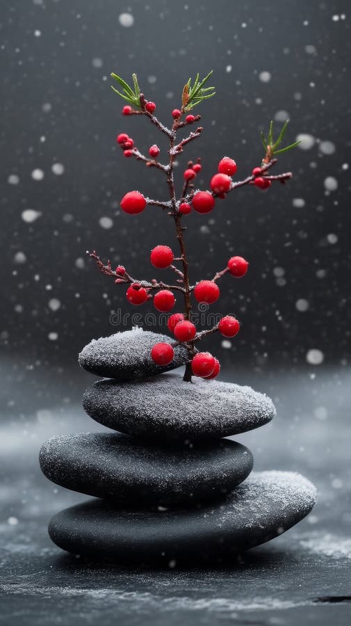 Zen Stones with Red Berries in Snowy Winter Scene Stock Image - Image ...