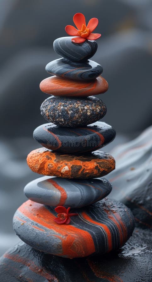 Zen Stones. Red Flower on the Top of Zen Pyramid Stock Image - Image of ...