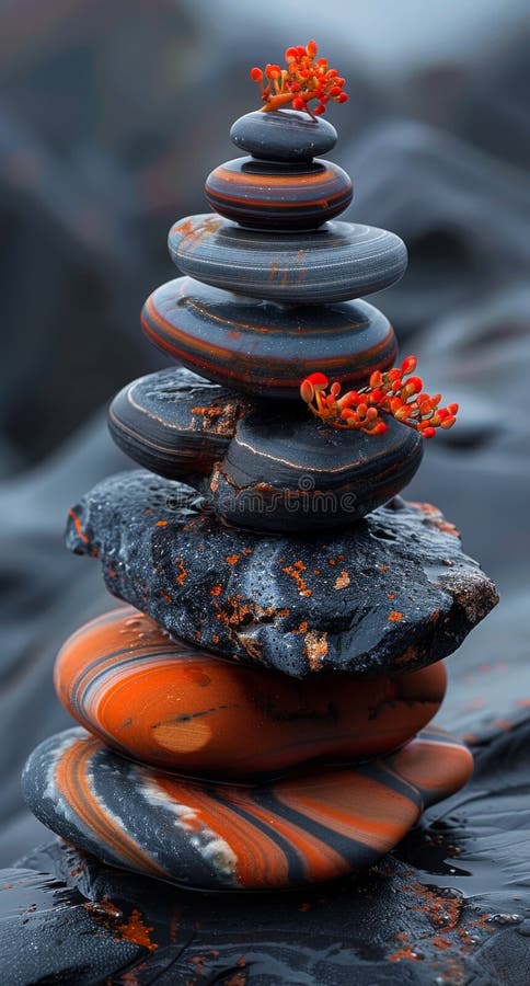 Zen Stones and Red Flowers on Black Background Stock Image - Image of ...
