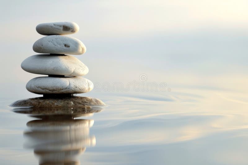 Zen Stones with Reflection on Water at Sunset Stock Photo - Image of ...