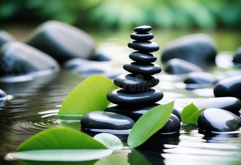 Zen Stones Stack. Black Zen Stones, Green Leaves, Water Background ...