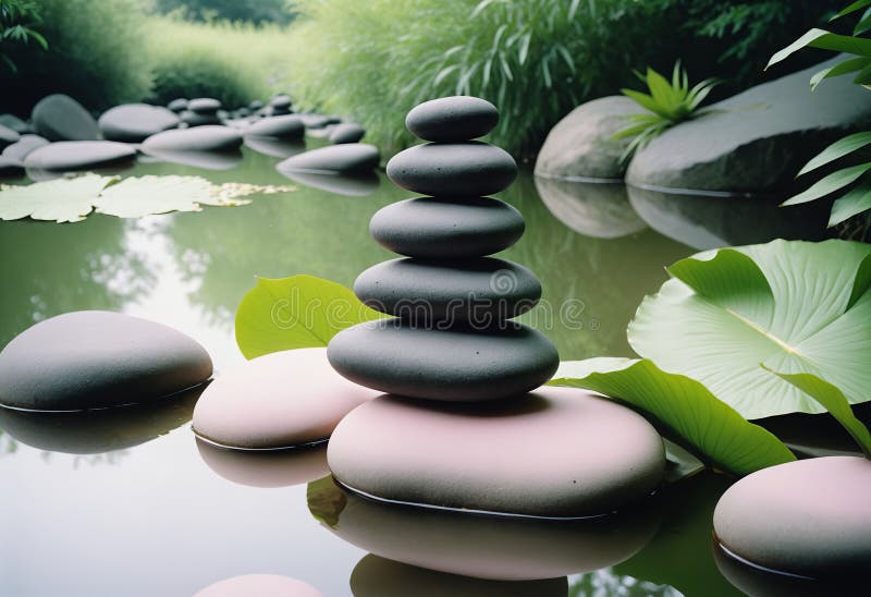 Zen Stones Stack. Black Zen Stones, Green Leaves, Water Background ...