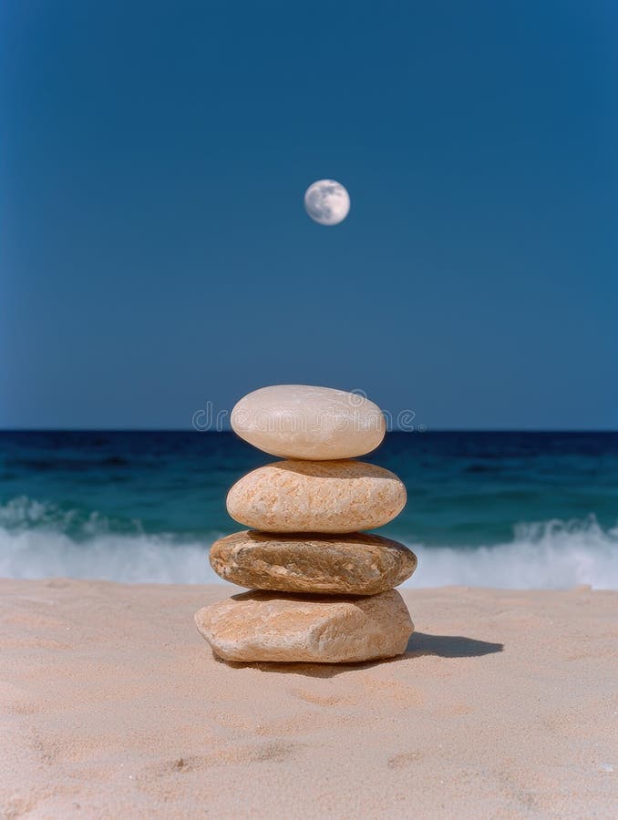 Zen Stones Stacked on a Beach with a Full Moon in the Background Stock ...