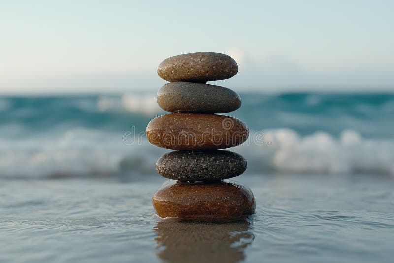Zen Stones Stacked on a Beach with Ocean Waves in the Background. Stock ...