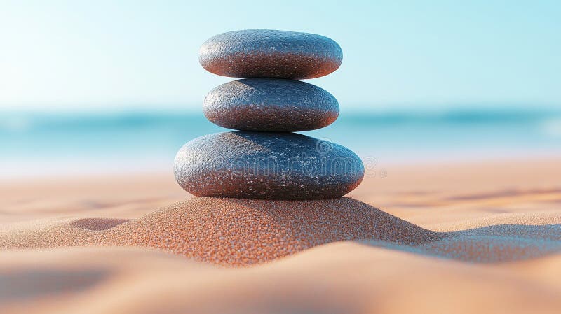 Zen Stones Stacked on Serene Sandy Beach with Tranquil Ocean Waves ...