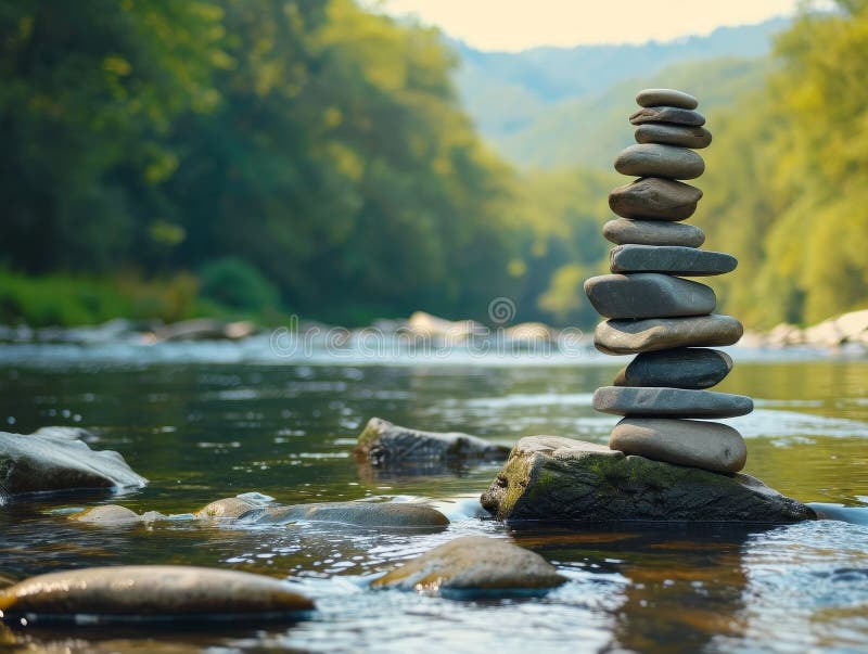 Zen Stones Stacked in a Tranquil River Setting Stock Illustration ...